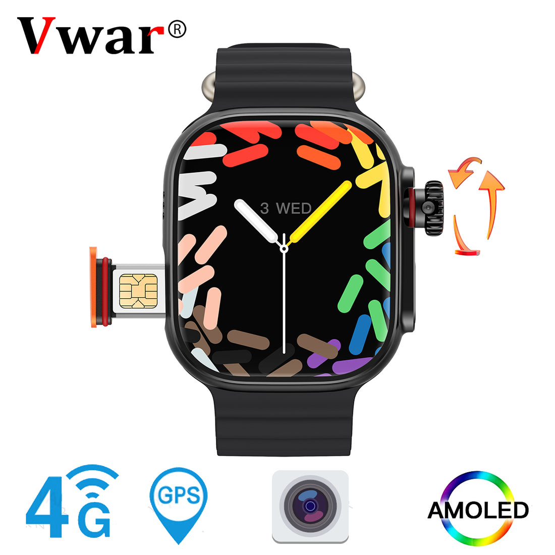 VWAR S9 ULTRA 4G Android Smart Watch With SIM Retractable Cam & AMOLED ...